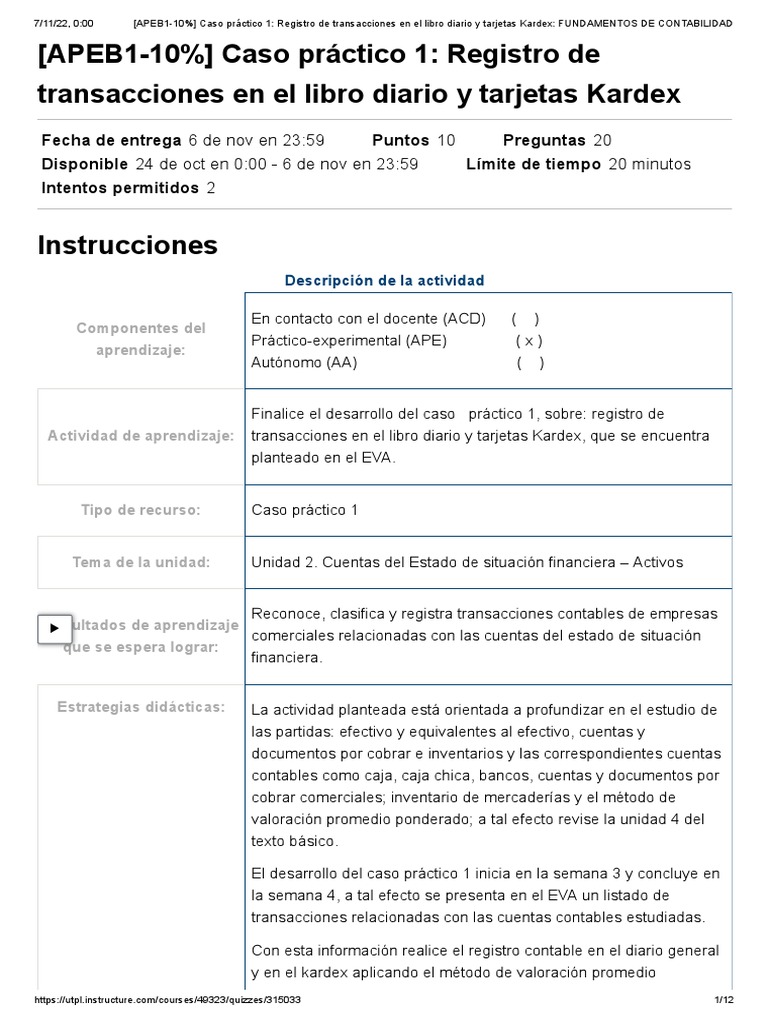 (APEB1-10%) Caso Práctico 1 - Registro de Transacciones en El Libro Diario y Tarjetas Kardex ...