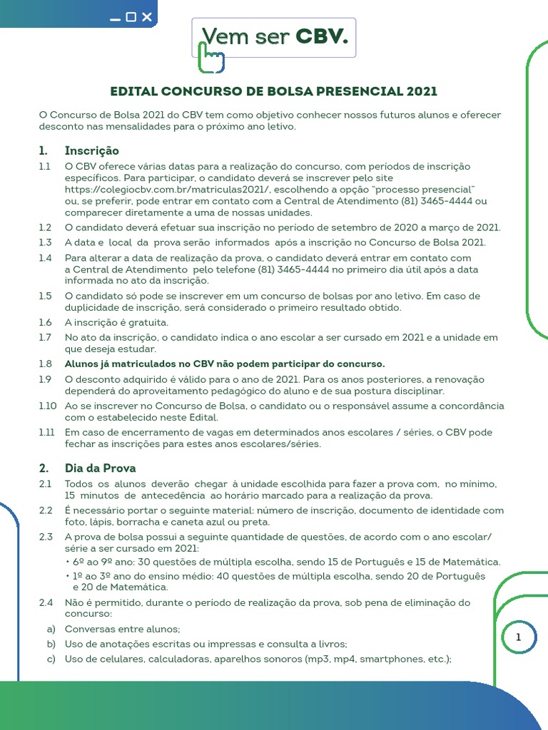 Edital Prova de Bolsa Presencial Ciclo 2021 CBV Novo | PDF | Pronome | Matemática