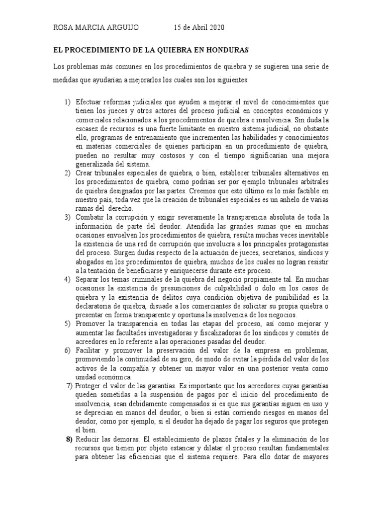 Mejoras al Procedimiento de Quiebra en Honduras | PDF | Bancarrota ...