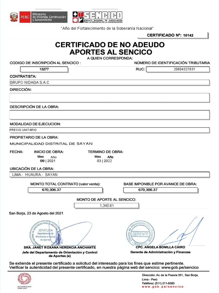 CERTIFICADO DE NO ADUEDO Sencico | PDF