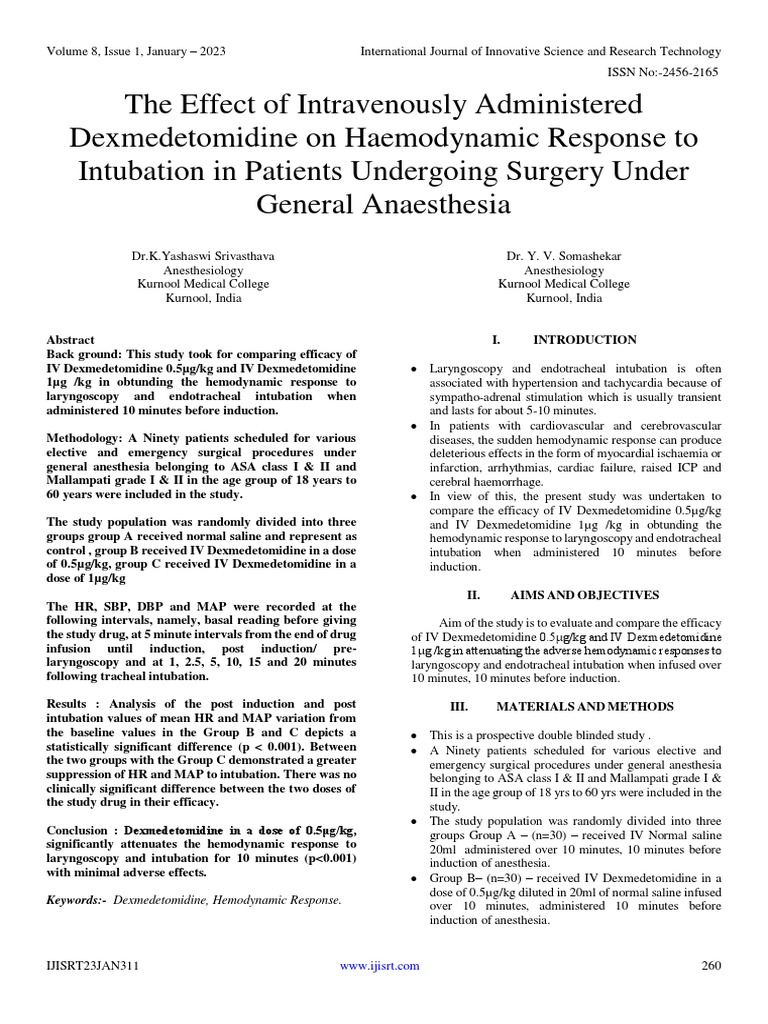 The Effect of Intravenously Administered Dexmedetomidine On Haemodynamic Response To Intubation ...