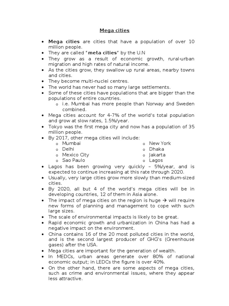 Mega Cities Mega Cities Are Cities That Have A Population of Over 10 ...