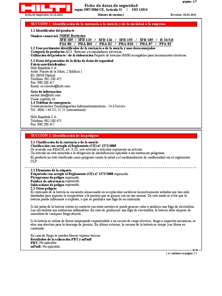 Ficha de Datos de Seguridad - Baterias | PDF