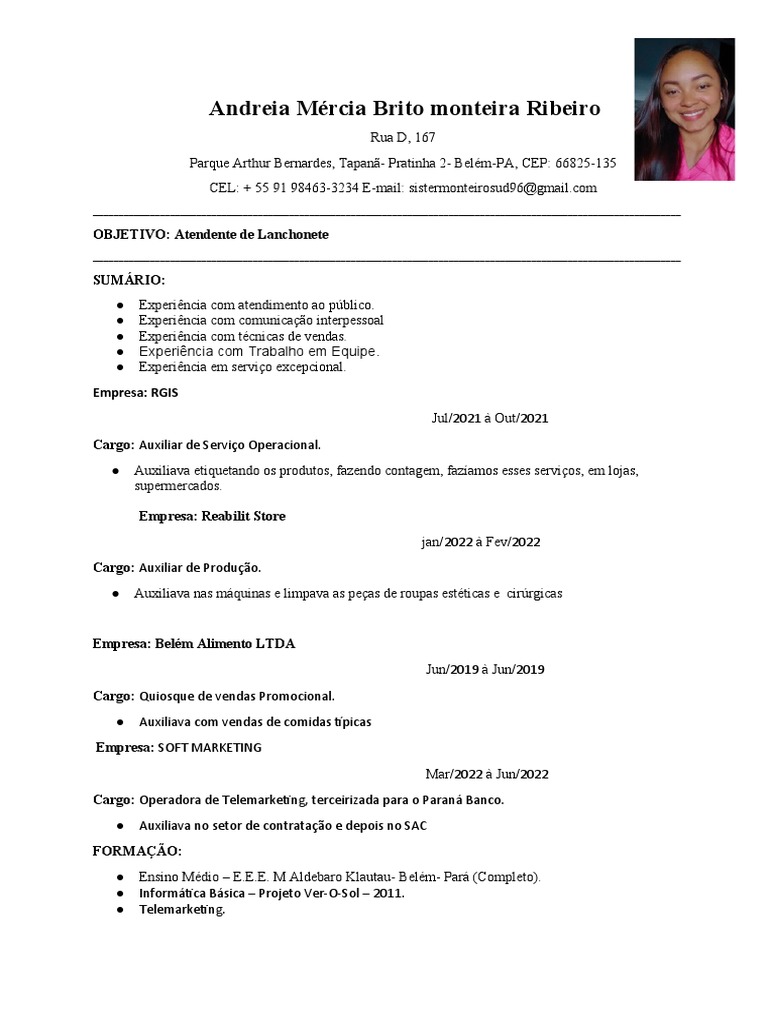 Atendente de Lanchonete Currículo Andreia Com Foto | PDF