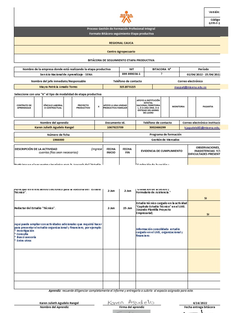 Bitácora Seguimiento SENA | PDF