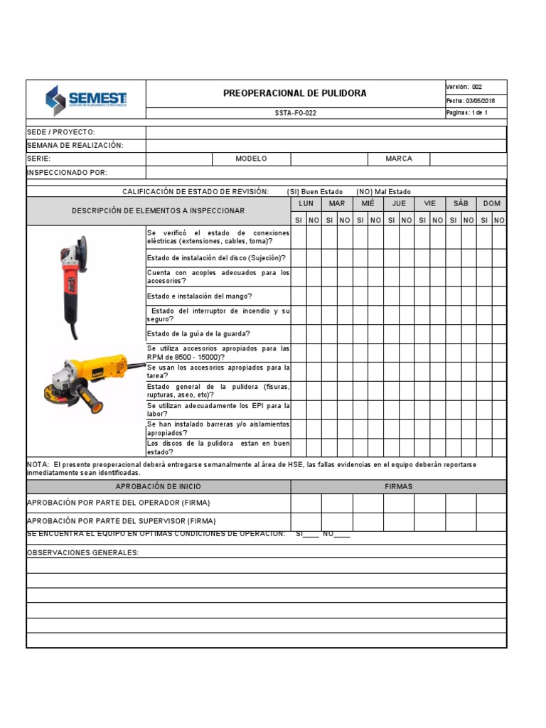 SSTA-FO-022 Preoperacional de Pulidora V2 | PDF