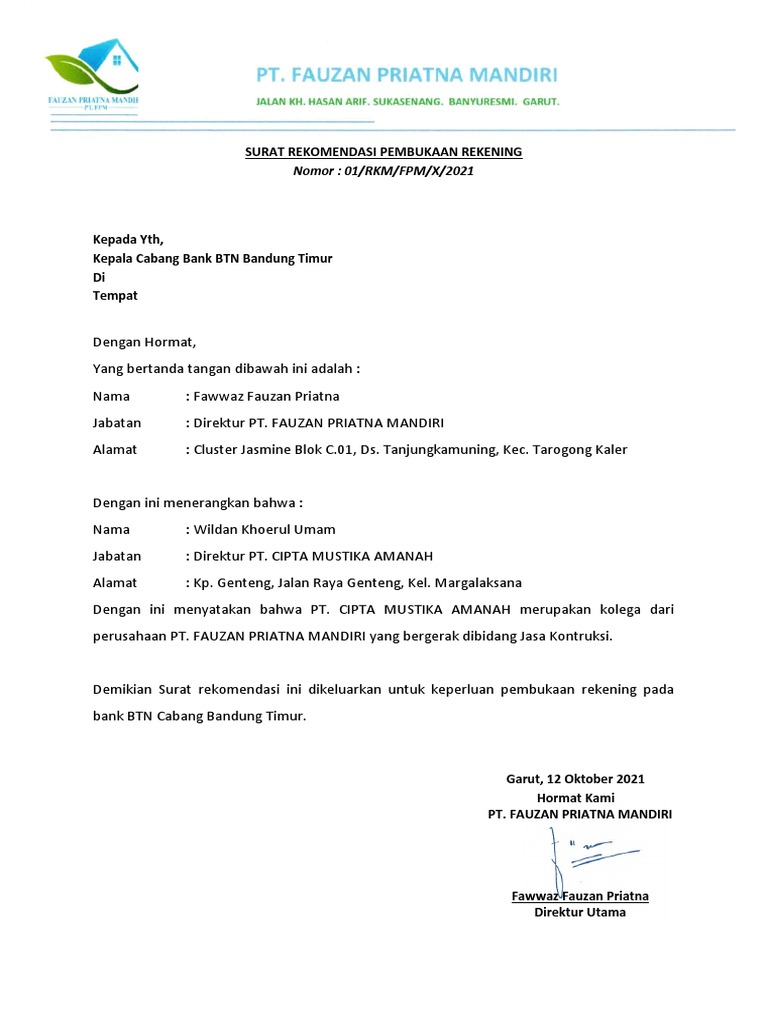 Surat Rekomendasi Pembukaan Rekening | PDF