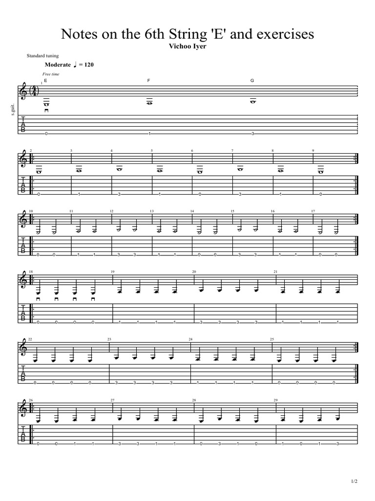 002 - Notes On The 6th String 'E' and Exercises | PDF | Musical ...