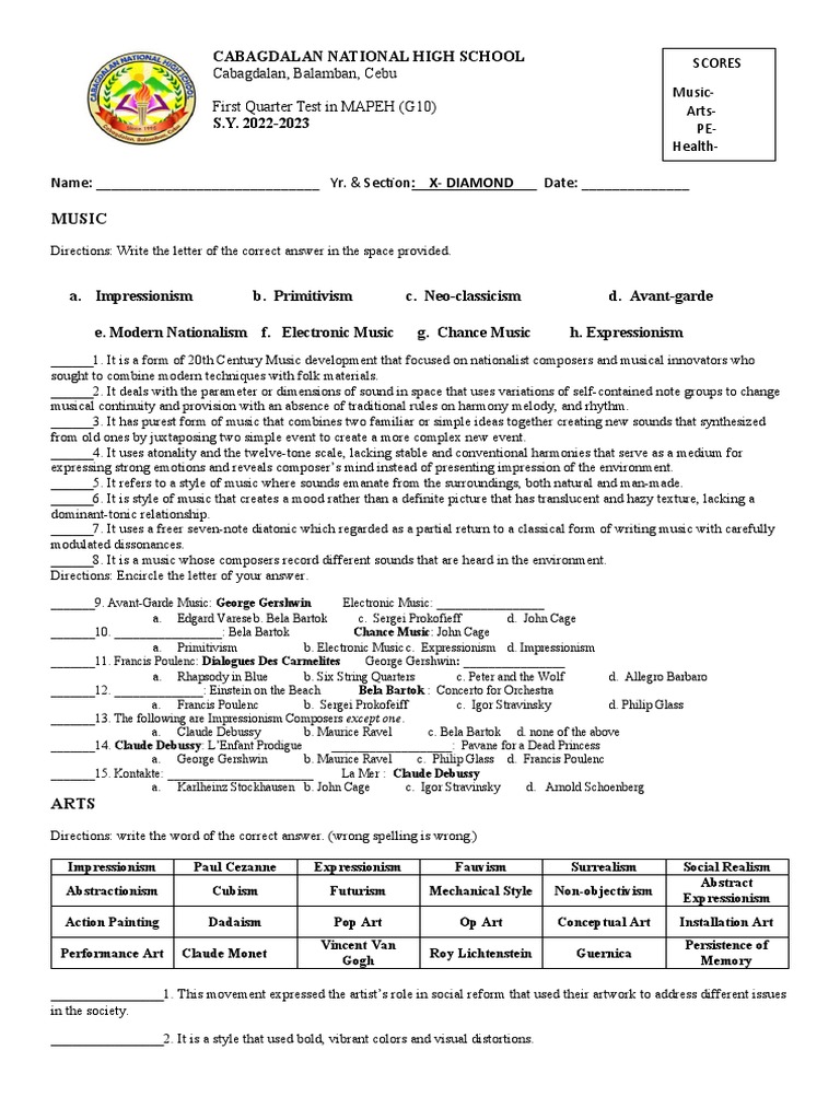 G10 MAPEH First Quarter Test | PDF | Health Care | Acupuncture
