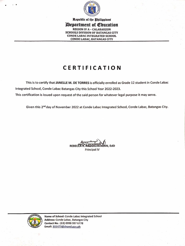 Certification of Completion of SHS | PDF