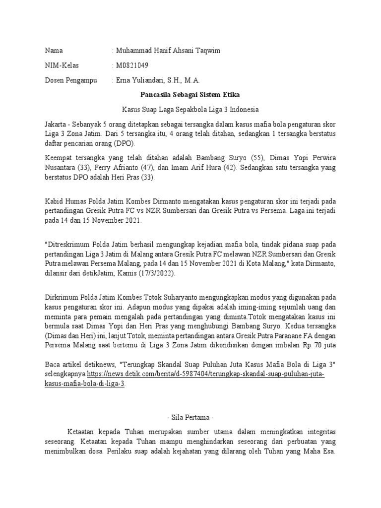 Muhammad Hanif Ahsani Taqwim - M0821049 - Studi Kasus Pancasila | PDF