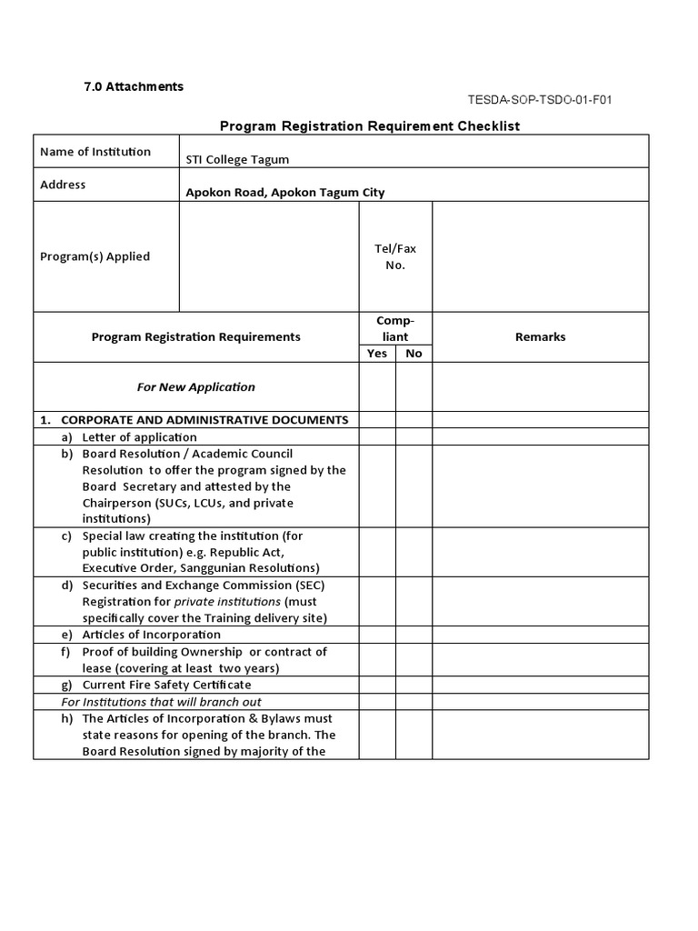TESDA UTPRAS Checklist of Requirements | PDF