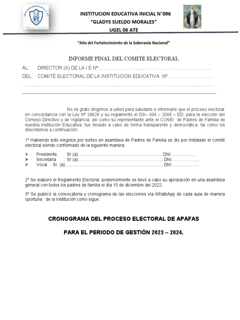 Informe Electoral APAFA 2023-2024 | PDF | Toma de decisiones grupales | Responsabilidad