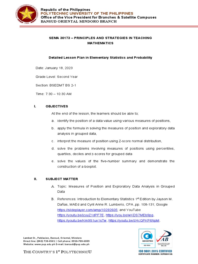 Lesson Plan in Measures of Position and Exploratory Data Analysis | PDF