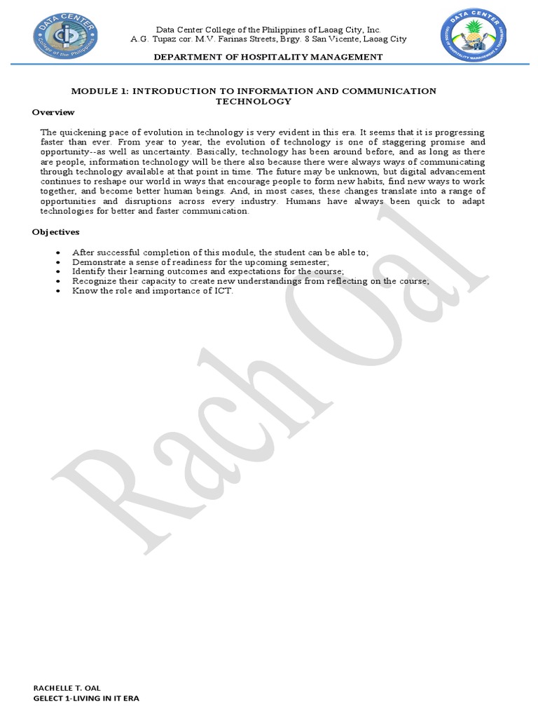 Module 1 And Module 2 Week 1 And Week 2 3 Pdf Information And Communications Technology