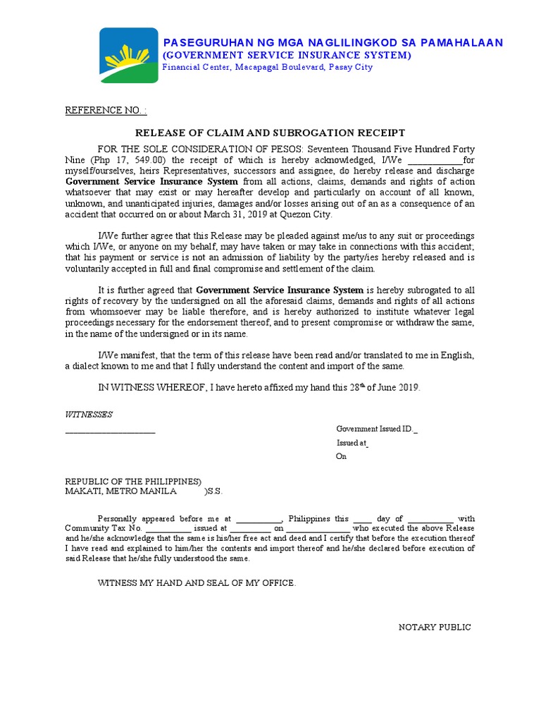 Release of Claim GSIS | PDF | Business Law | Civil Law (Legal System)