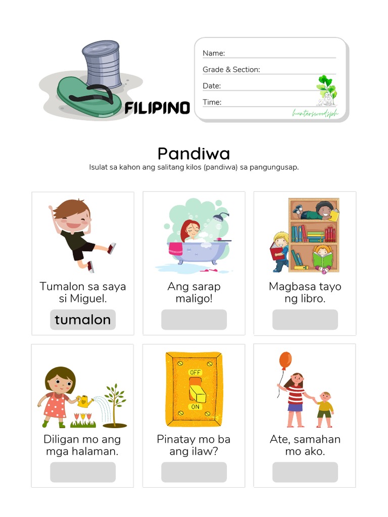 HuntersWoodsPH Filipino Mga Pandiwa Worksheet 1 | PDF