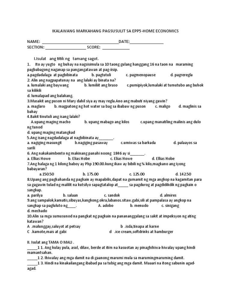 Grade 5 K-12 2nd Quarter Periodical Test With Answer Keys & TOS EPP H.E ...