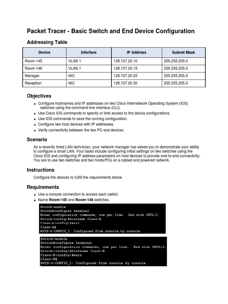 Packet Tracer - Basic Switch and End Device Configuration: Addressing Table | PDF