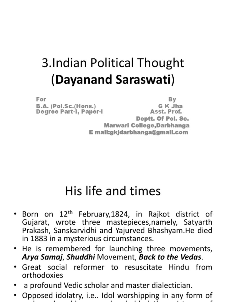 Swami Dayanand Saraswati's Political Thought: Establishing an ...