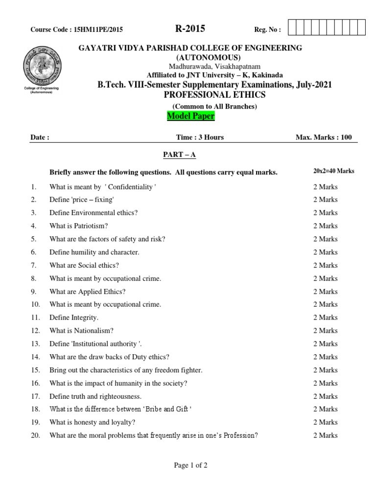 PROFESSIONAL ETHICS Model Paper | PDF | Professional Ethics | Applied ...