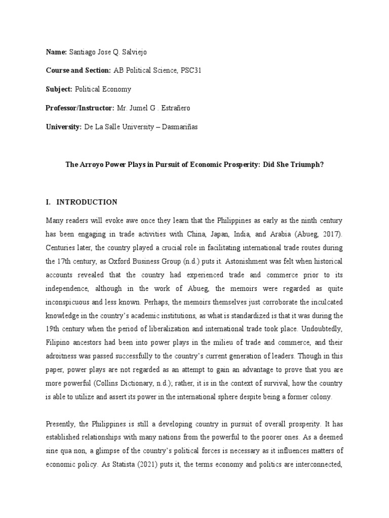 The Arroyo Power Plays in Pursuit of Economic Prosperity: Did She ...