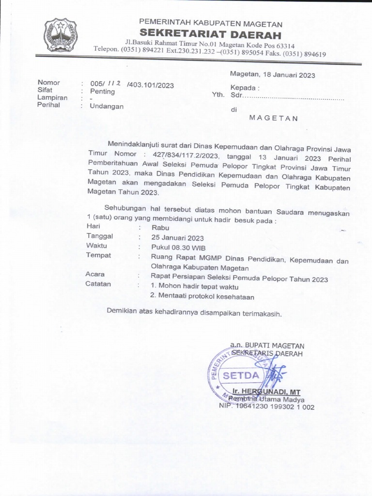 Undangan Persiapan Pemuda Pelopor | PDF