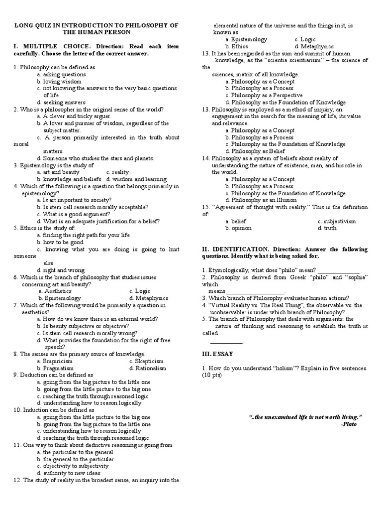 Philo Long Quiz 1 | PDF