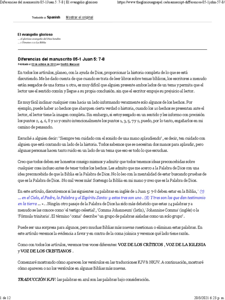 Diferencias Del Manuscrito 05-1juan 5 7-8 El Evangelio Glorioso ...