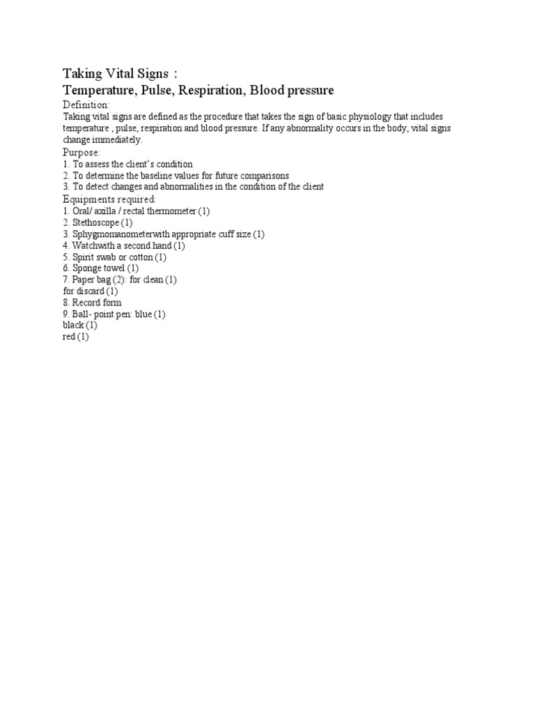 Checklist Taking Vital Signs | PDF | Self-Improvement | Wellness