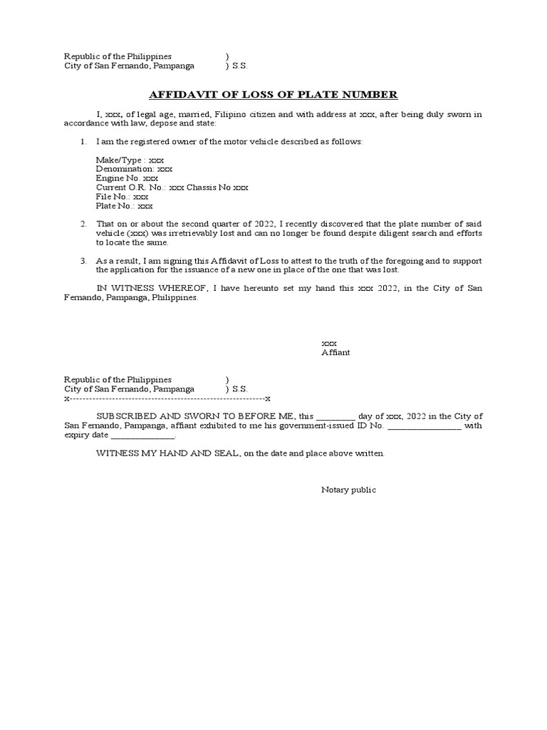 Affidavit of Loss of Plate Number | PDF
