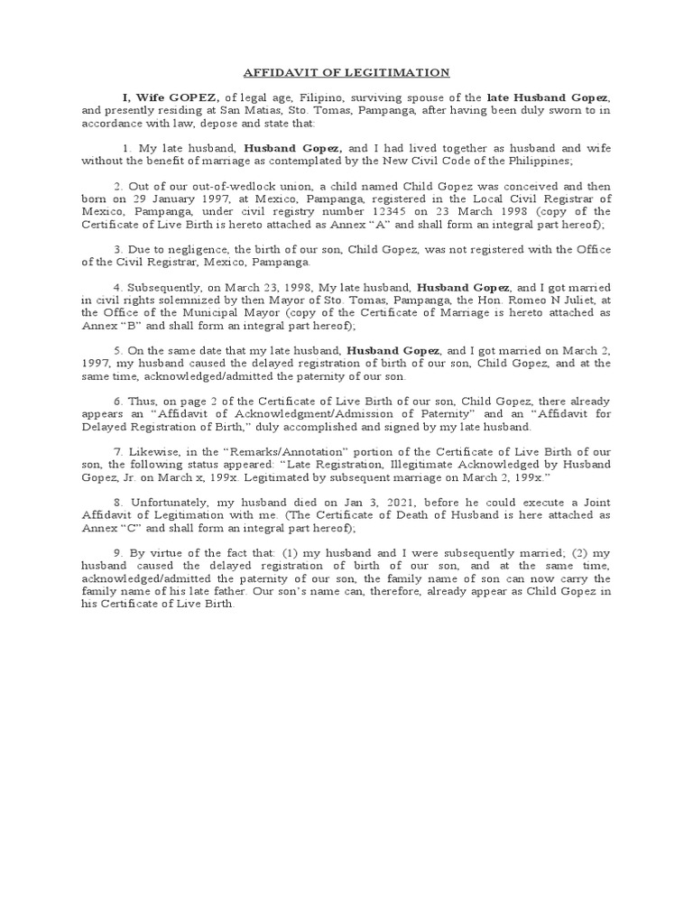 Affidavit of Legitimation (By Wife) | PDF | Marriage | Legitimacy ...