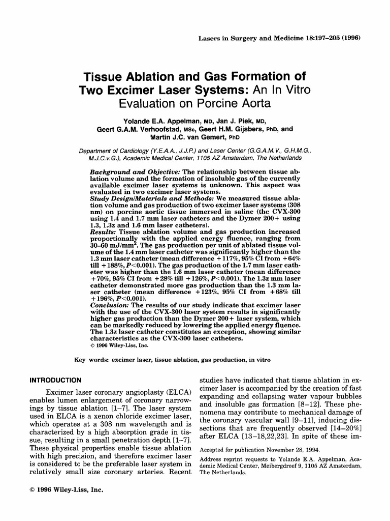 Tissue Ablation and Gas Formation of Two Excimer Laser Systems - An in Vitro Evaluation On ...