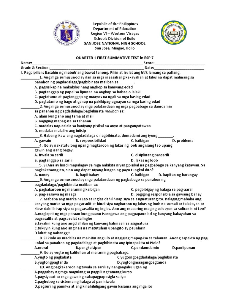 SUMMATIVE TEST in ESP 7 | PDF