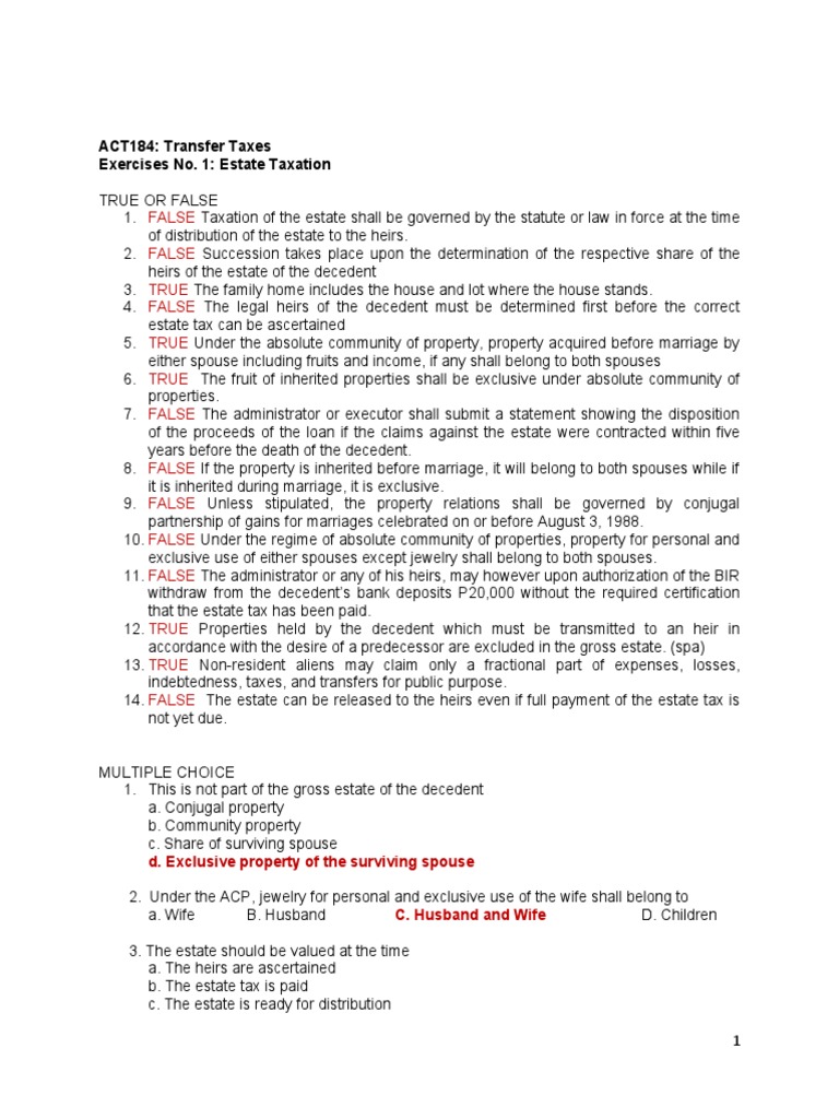 Estate Taxation Exercises and Examples | PDF | Estate Tax In The United ...