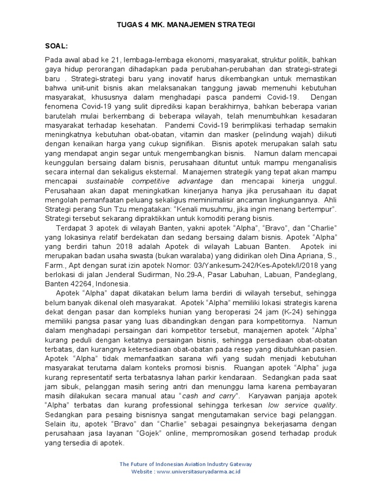 Soal Tugas 4 Manajemen Strategik S2 Apotek Abc | PDF | Pengelolaan Keuangan & Uang
