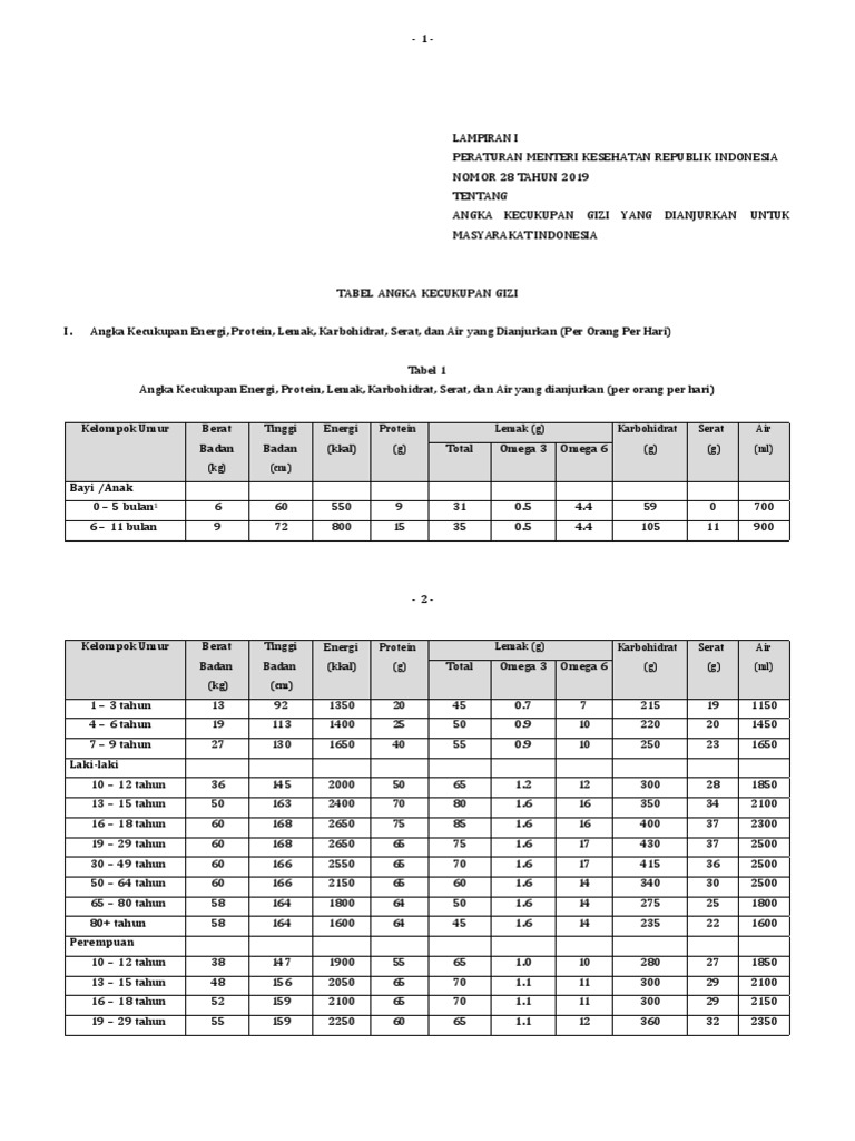 PMK No. 28 TH 2019 TTG Angka Kecukupan Gizi Yang Dianjurkan Untuk Masyarakat Indonesia | PDF
