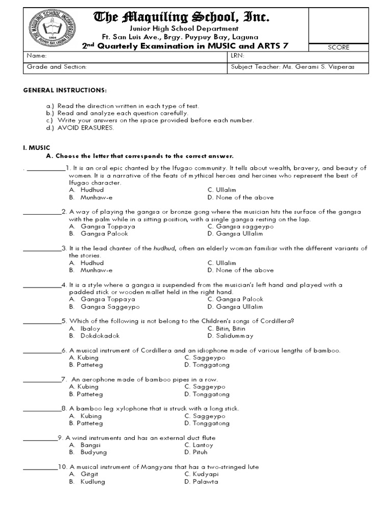 Grade 7 Music and Arts Q2 Exam | PDF | Musical Instruments