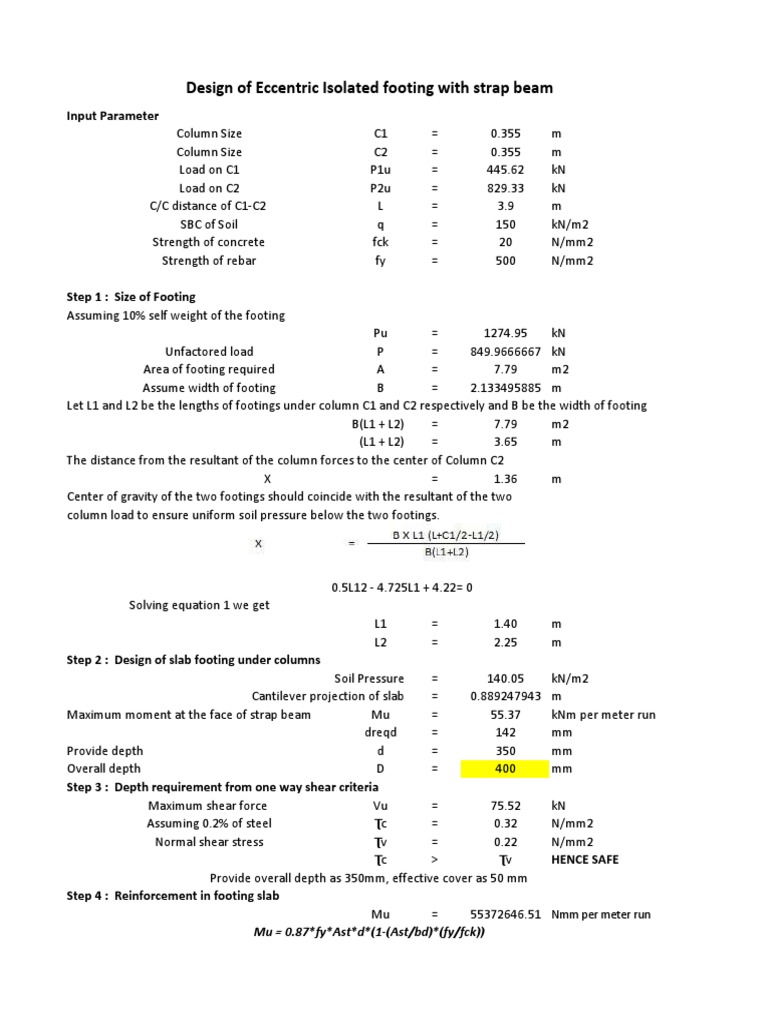 Design of Eccentric Isolated Footing With Strap Beam: NMM Per Meter Run ...