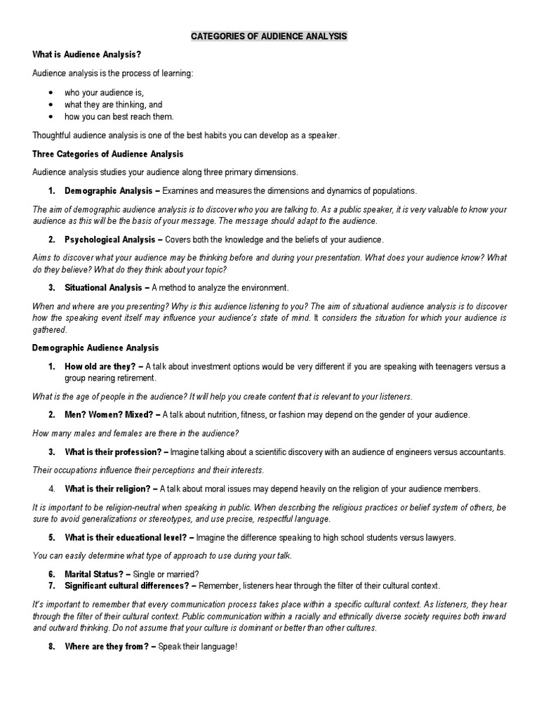 Categories of Audience Analysis | PDF | Knowledge | Communication