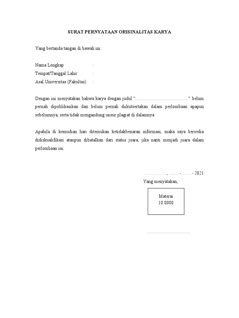 Surat Pernyataan Orisinalitas Karya PRS 2021 | PDF