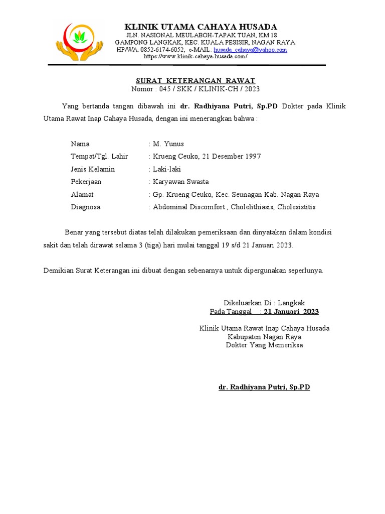 Surat Keterangan Sakit DR, Radhiyana Rawat Dan Istirahat | PDF