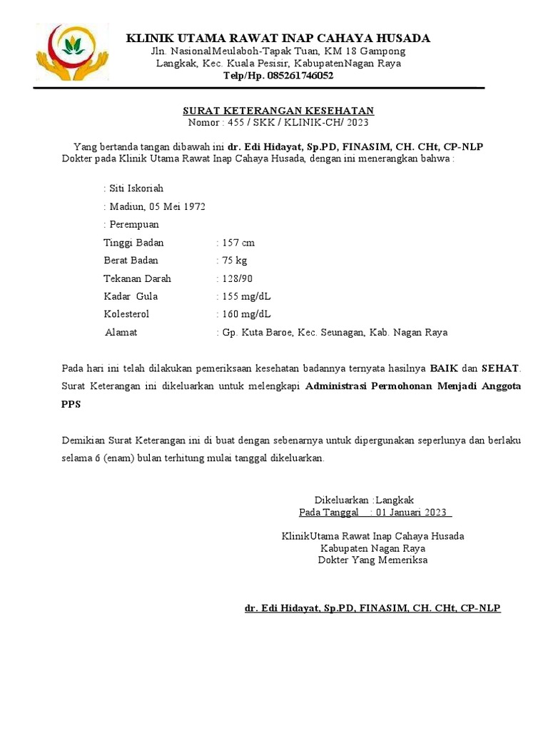 Surat Keterangan Sehat Klinik | PDF