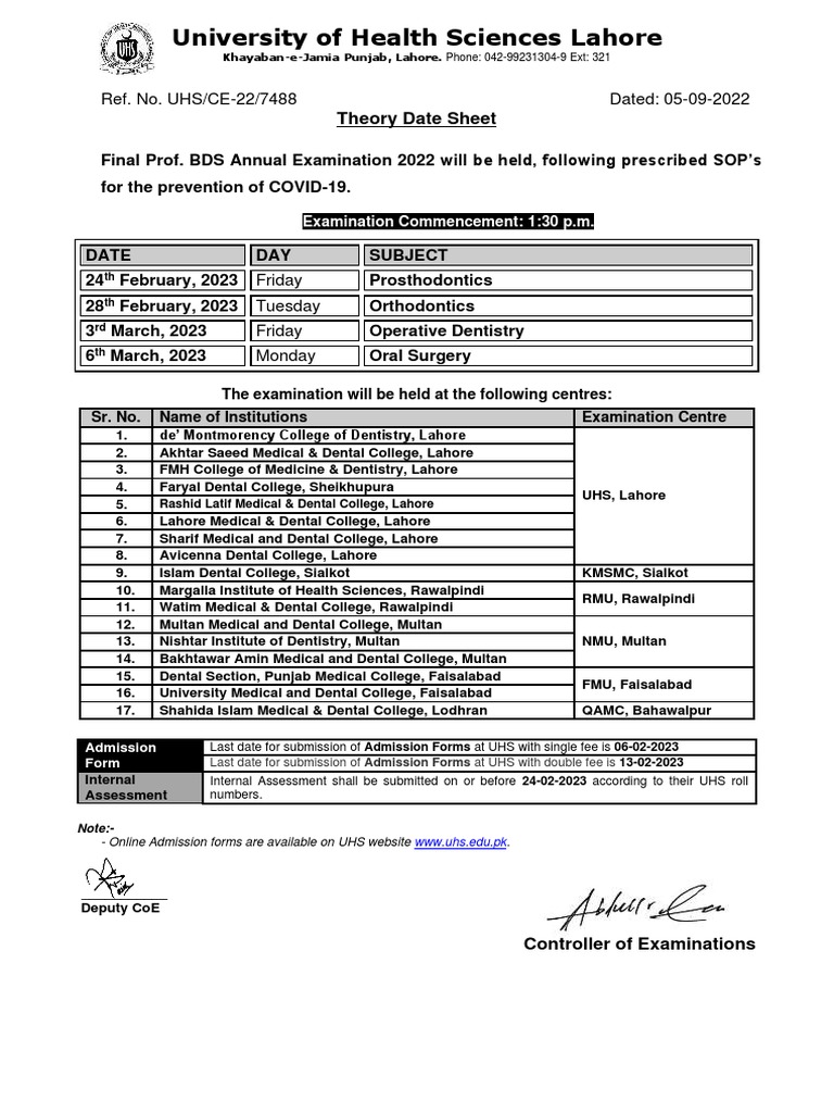 UHS BDS Final Exam Date Sheet 2023 | PDF | Dentistry | Dental Degree