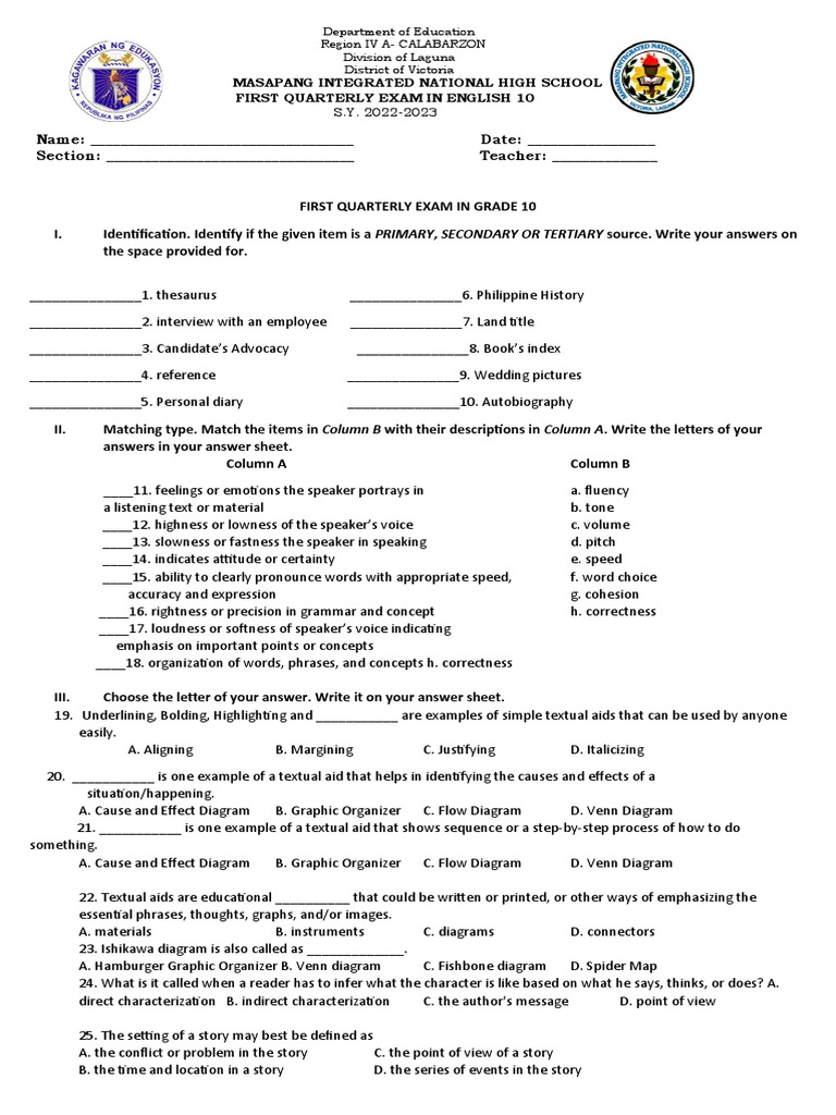 1st-QUARTER-EXAM in English 10 | PDF | Causality | Dolphin