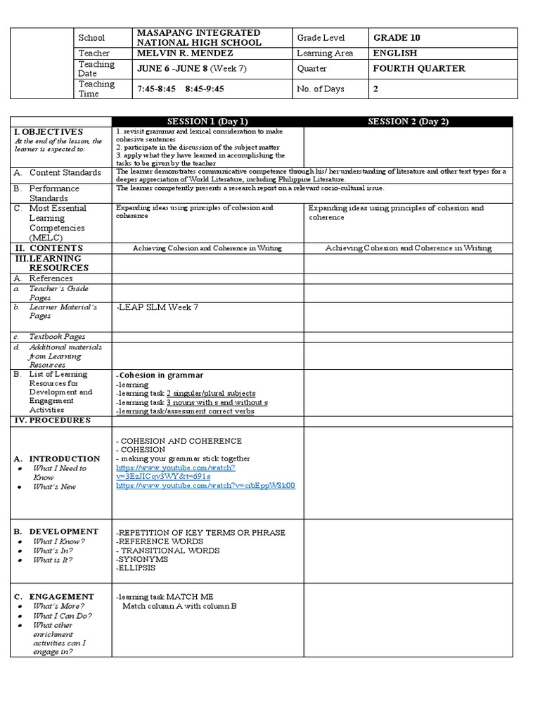 DLL-template-ENGLISH q4 wk7 | PDF | English Language | Learning