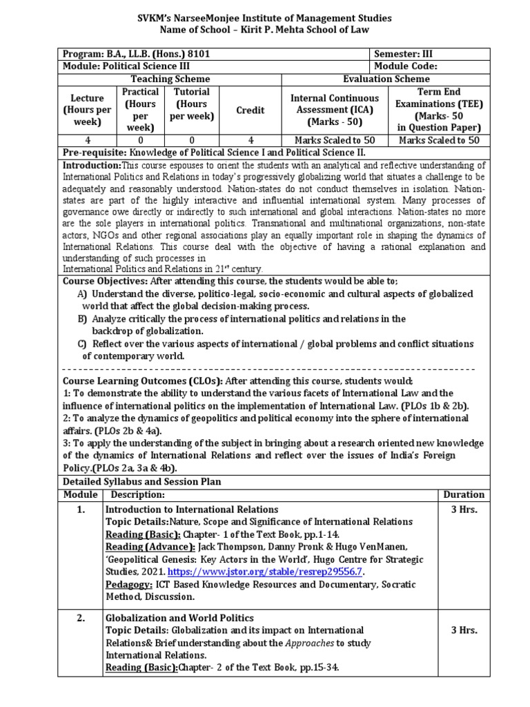 Course Outlines - Sem III - Political Science III | PDF