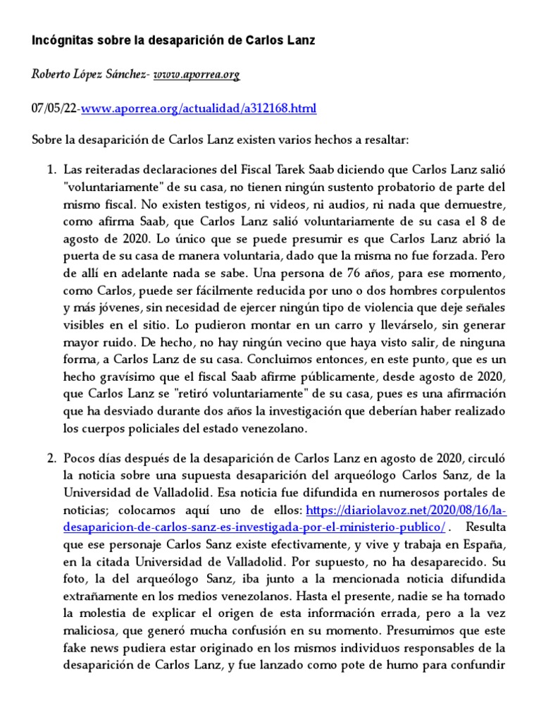 Incógnitas Sobre La Desaparición de Carlos Lanz | PDF | Venezuela ...