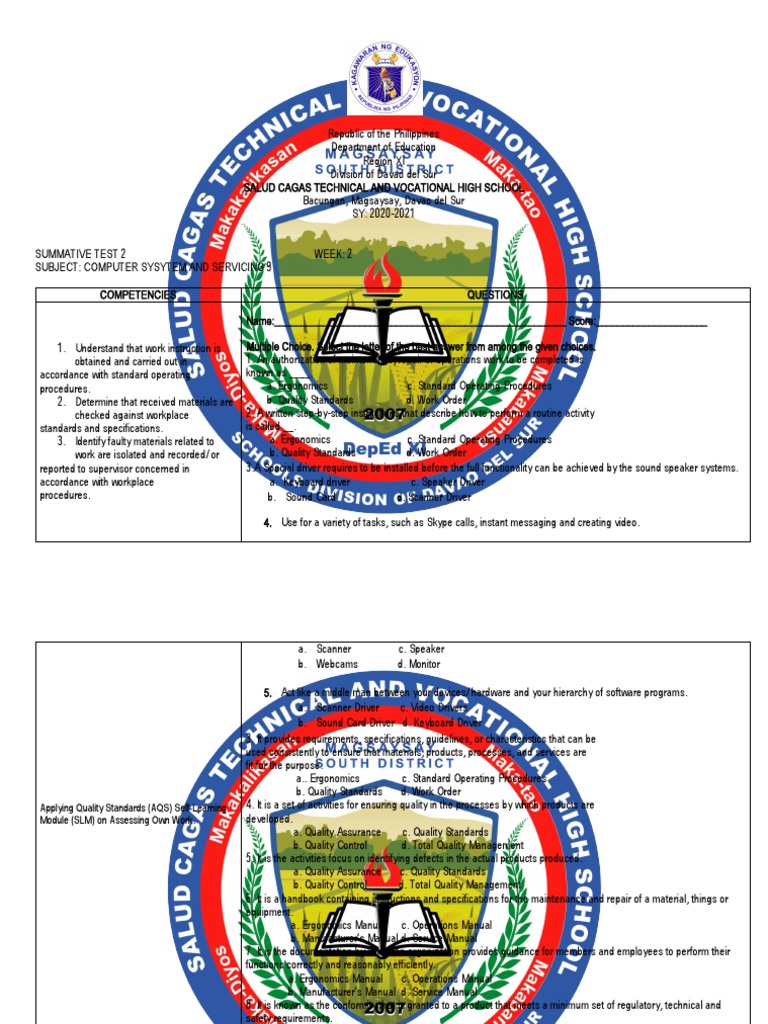 CSS 9-Summative TEST 2 | PDF | Quality Assurance | Standardization