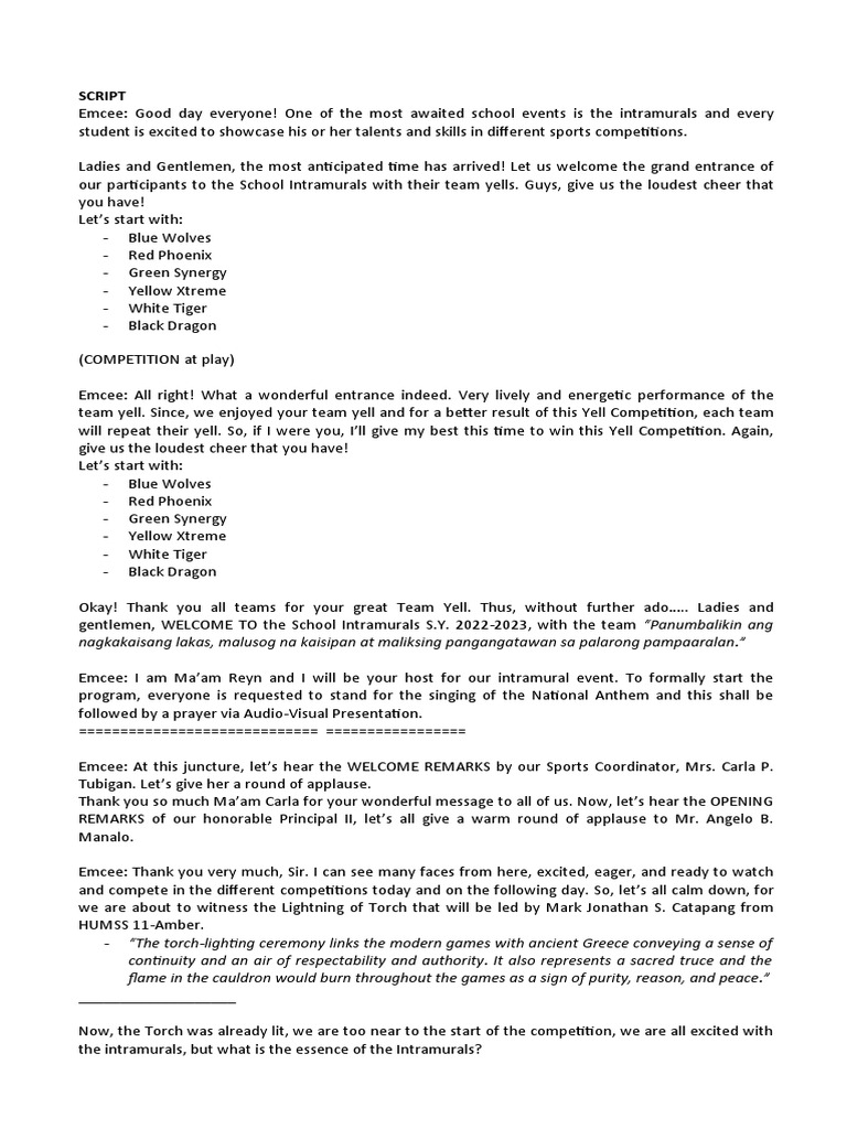 SCRIPT in Intramurals | PDF | Meetings | Ceremonies